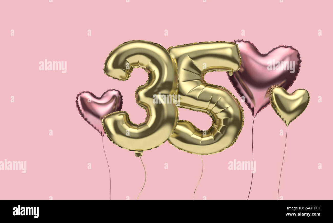 Happy 35th birthday party celebration balloons with hearts. 3D Render ...
