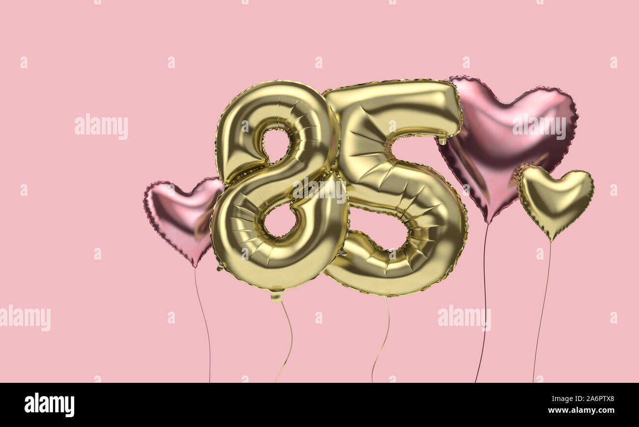 Happy 85th birthday party celebration balloons with hearts. 3D Render ...