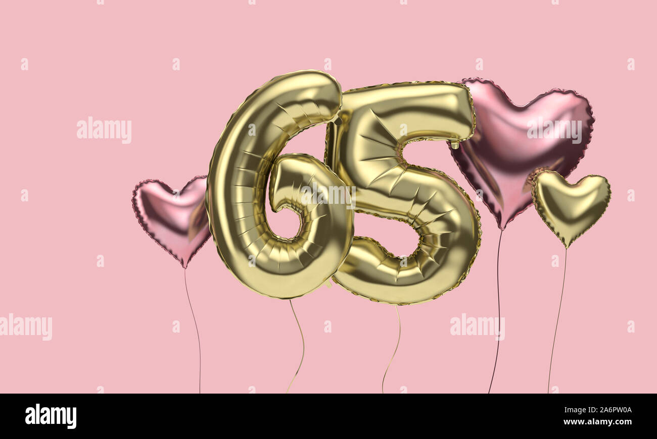 Happy 65th birthday party celebration balloons with hearts. 3D Render ...