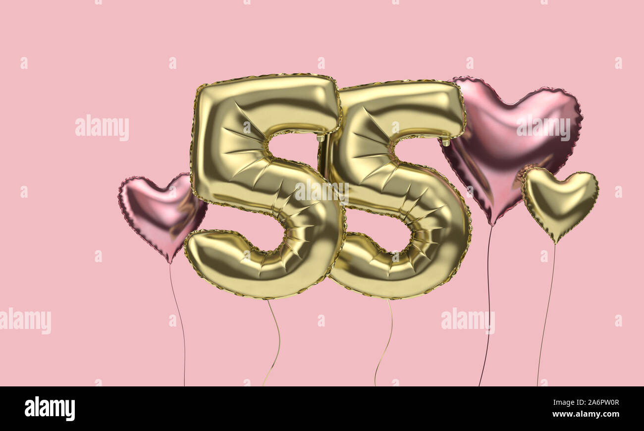 Happy 55th birthday party celebration balloons with hearts. 3D Render ...