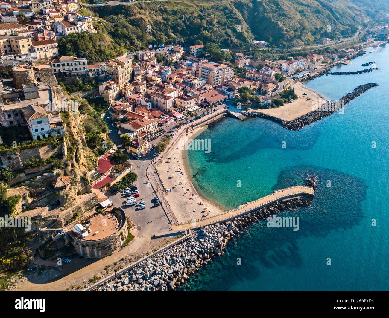 Aerial view of Pizzo Calabro, pier, castle, Calabria, tourism Italy ...
