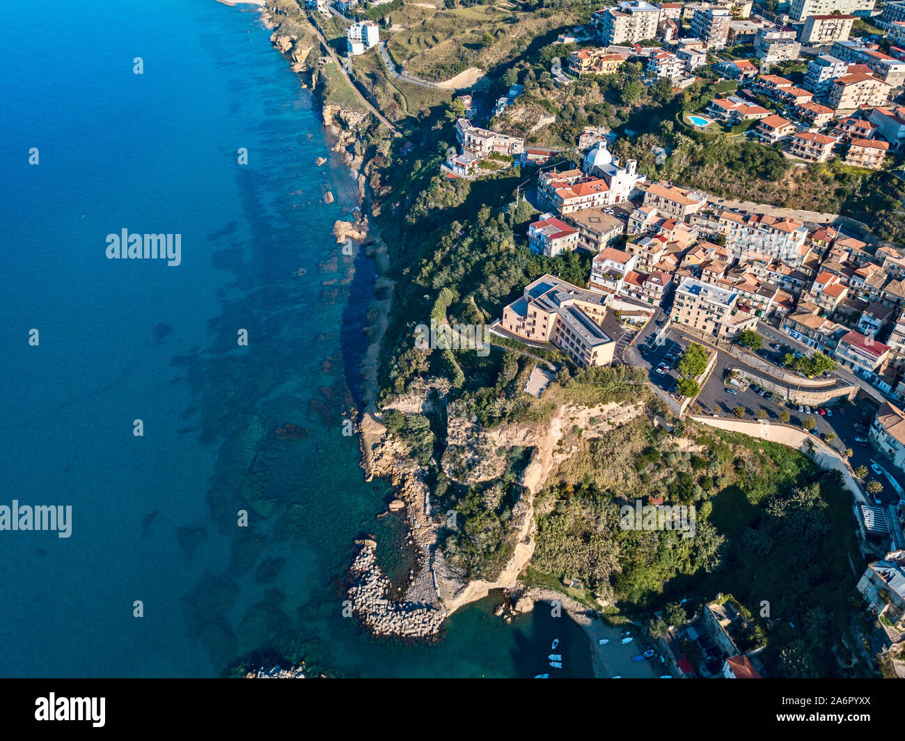 Aerial view of Pizzo Calabro, pier, castle, Calabria, tourism Italy ...