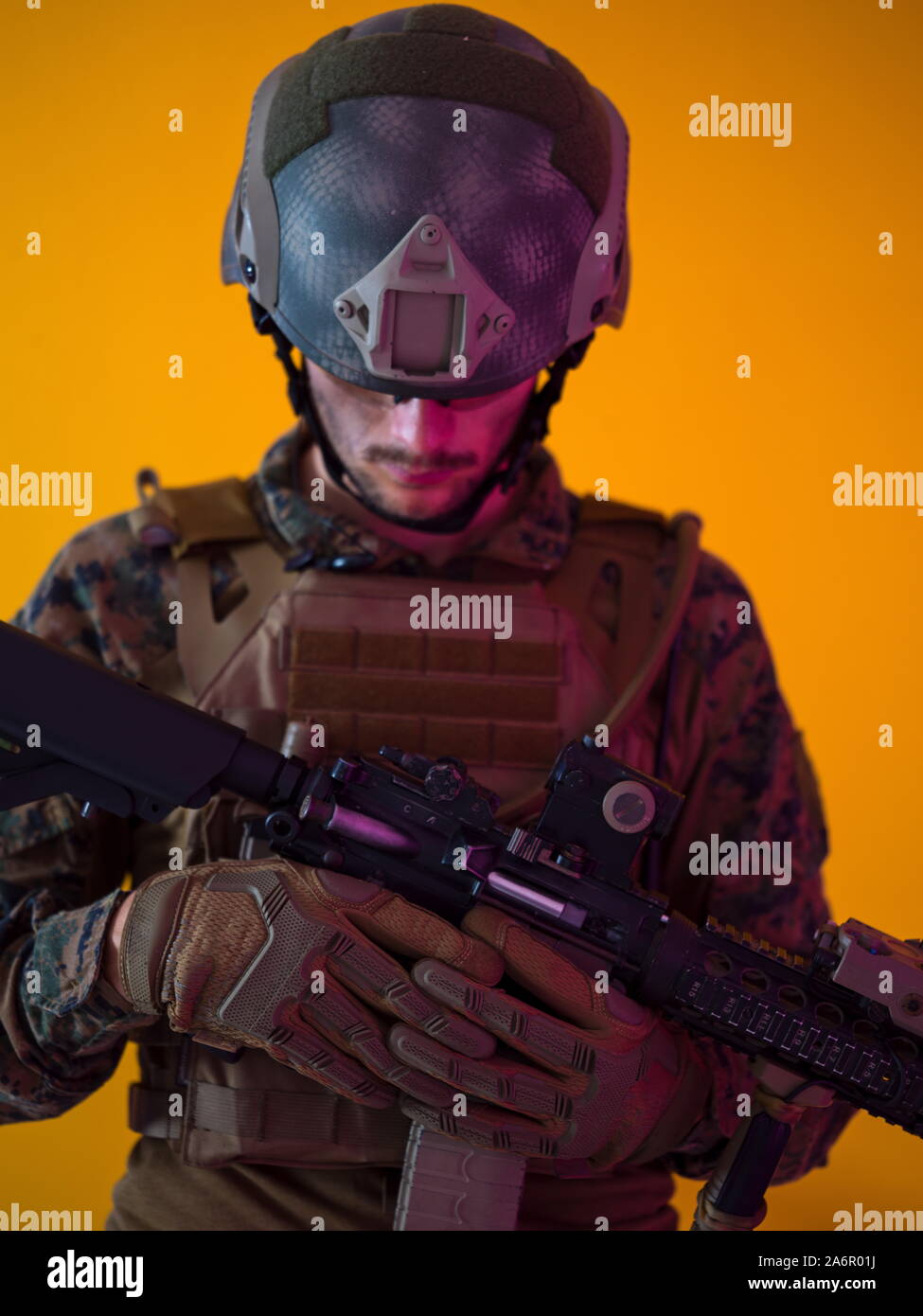 modern warfare marine soldier with fire arm weapon and protective army ...