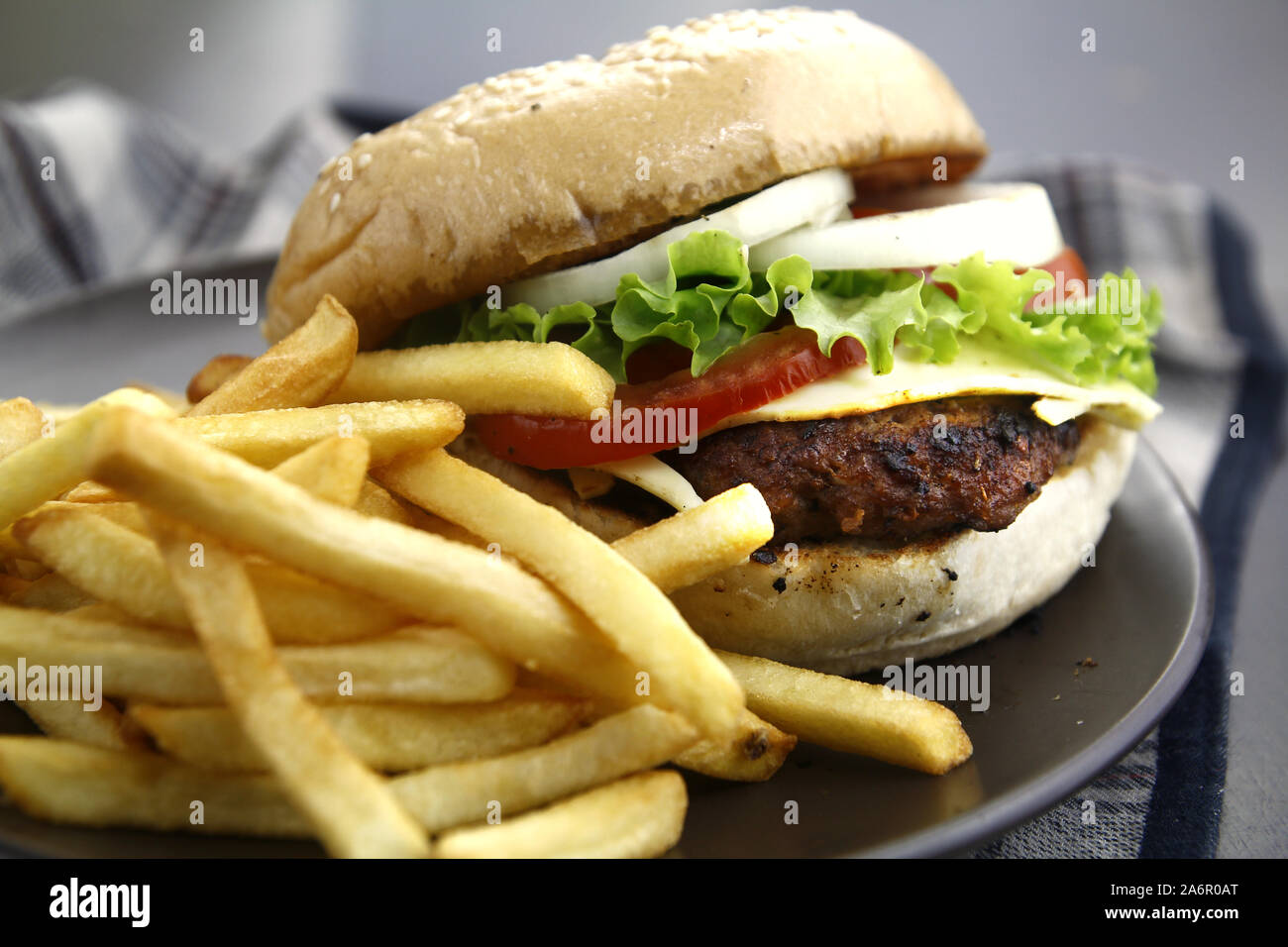 Freshly cooked hamburger and french fries Stock Photo - Alamy