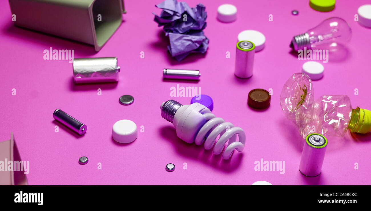 Trash and assorted garbage isolated on background, recycle concept, Top ...