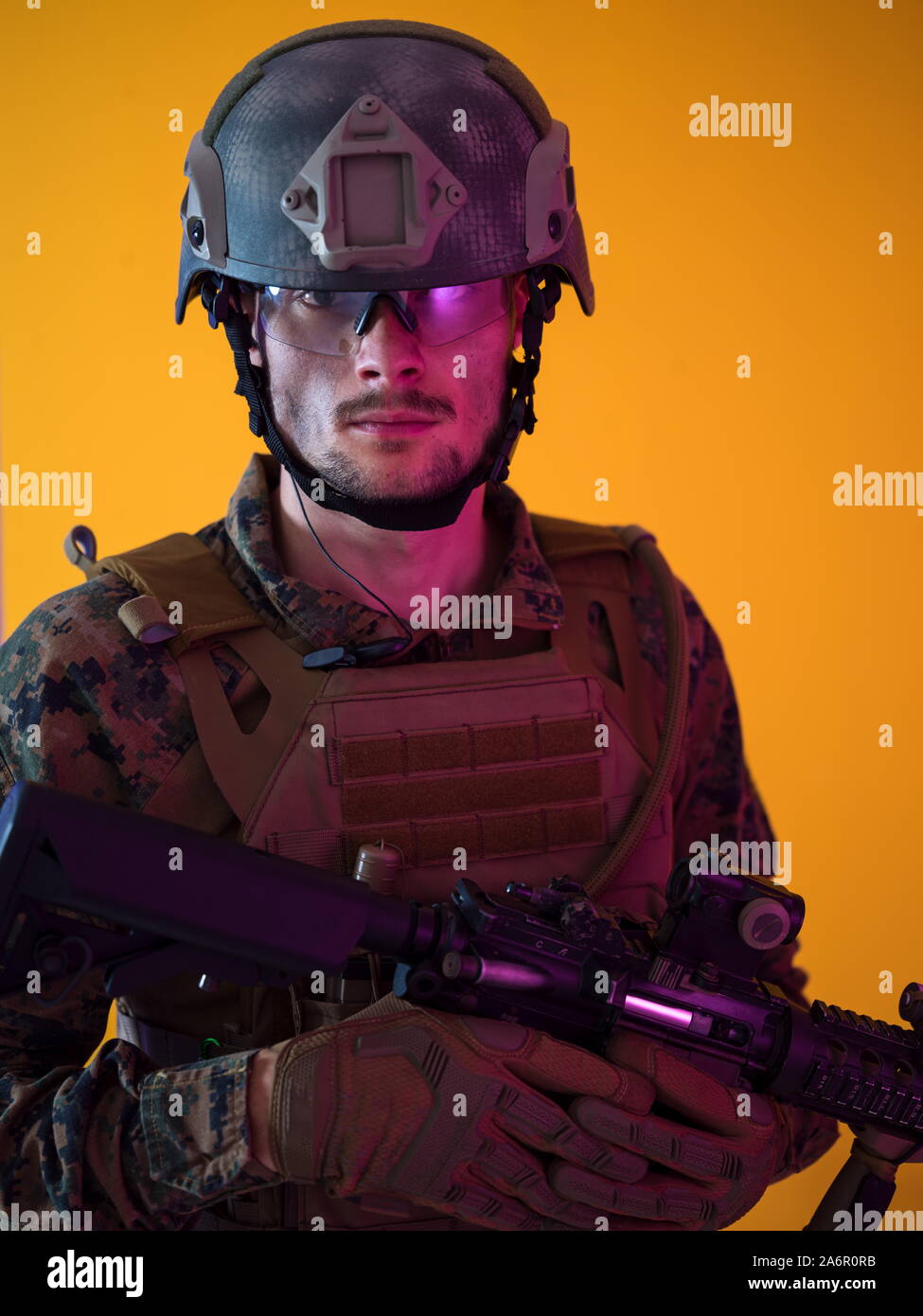 modern warfare marine soldier with fire arm weapon and protective army ...