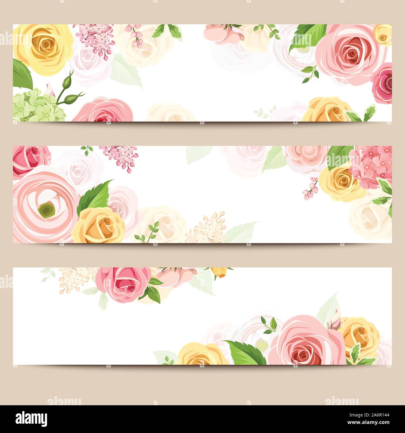 Set of three vector web banners with pink, orange and yellow roses and ...