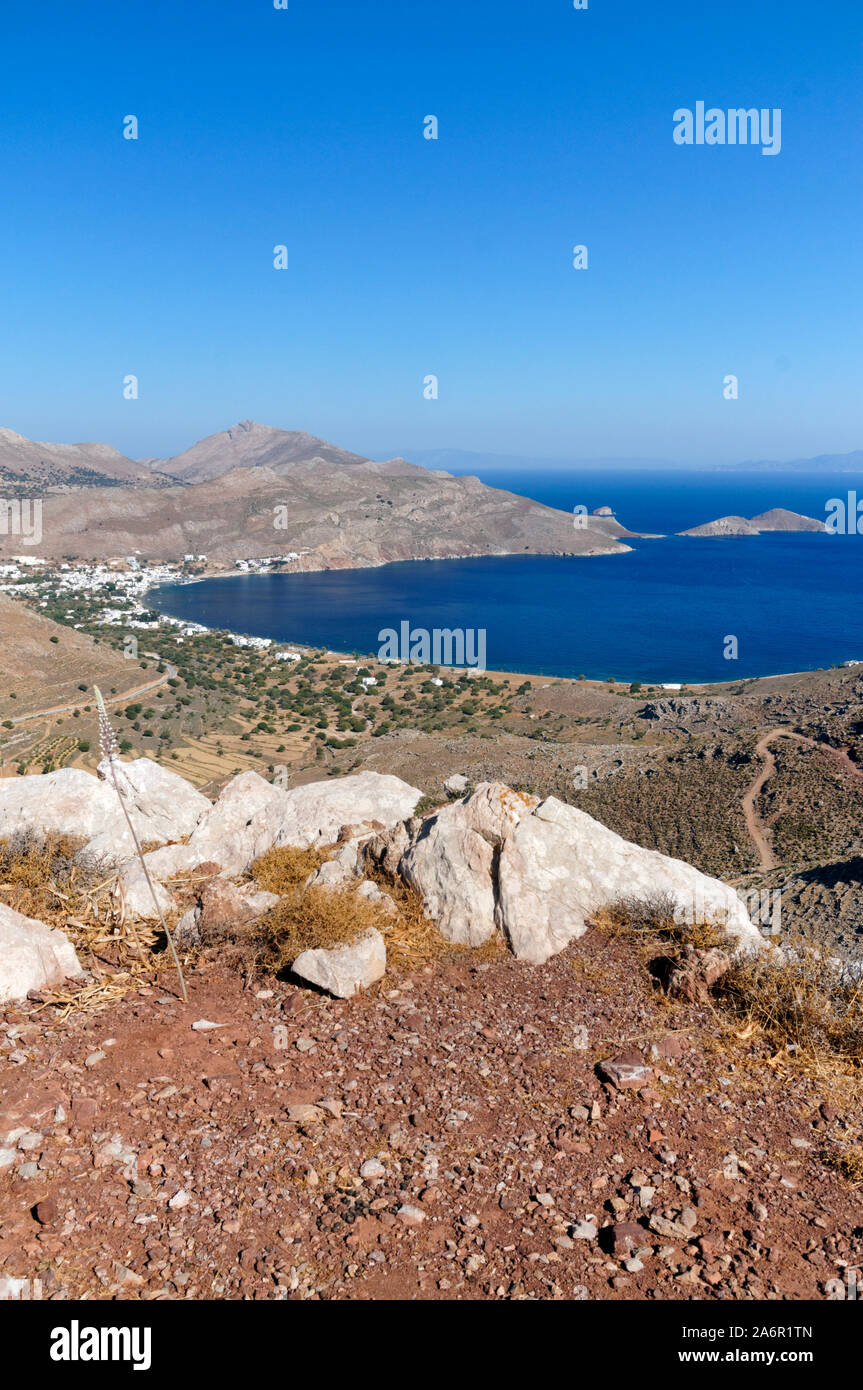 View of Livadia Bay from Vounos, Tilos, Dodecanese islands, Southern ...