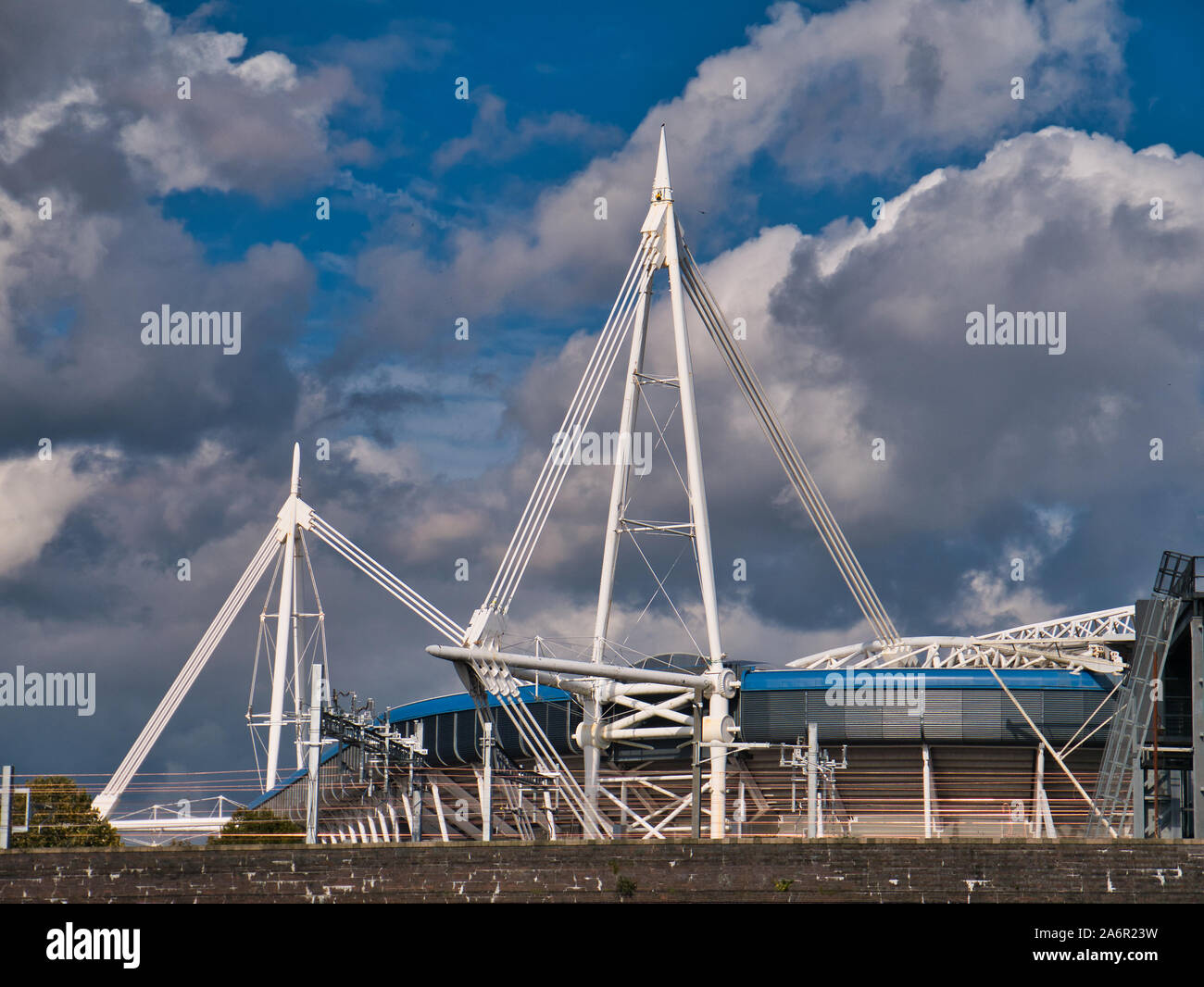Two of the four white cable-stayed truss masts at the Cardiff ...