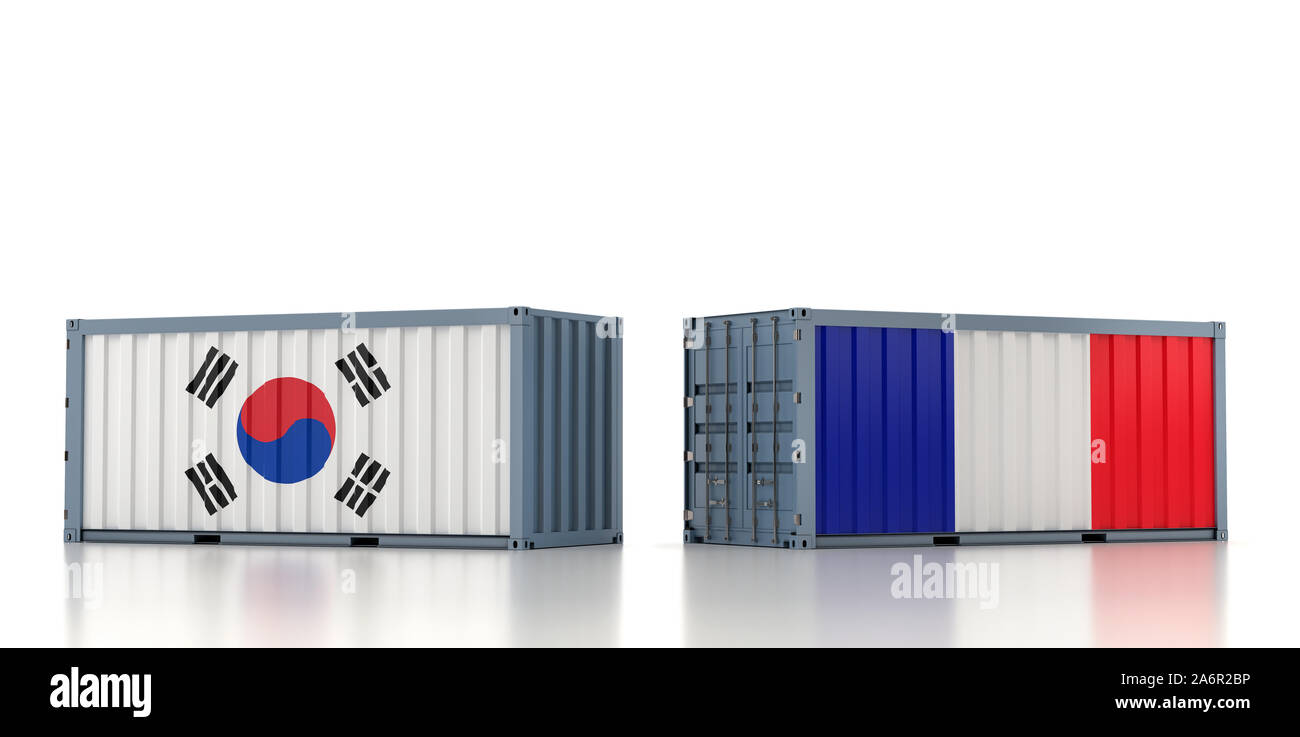 Two freight container with France and South Korea flag. 3D Rendering ...