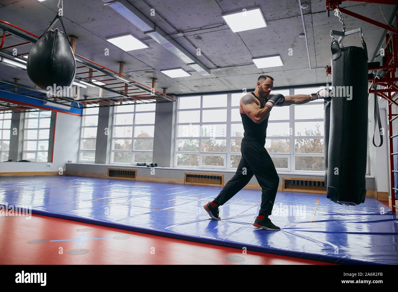 young man is keen on boxing, full length side view photo. copy space ...