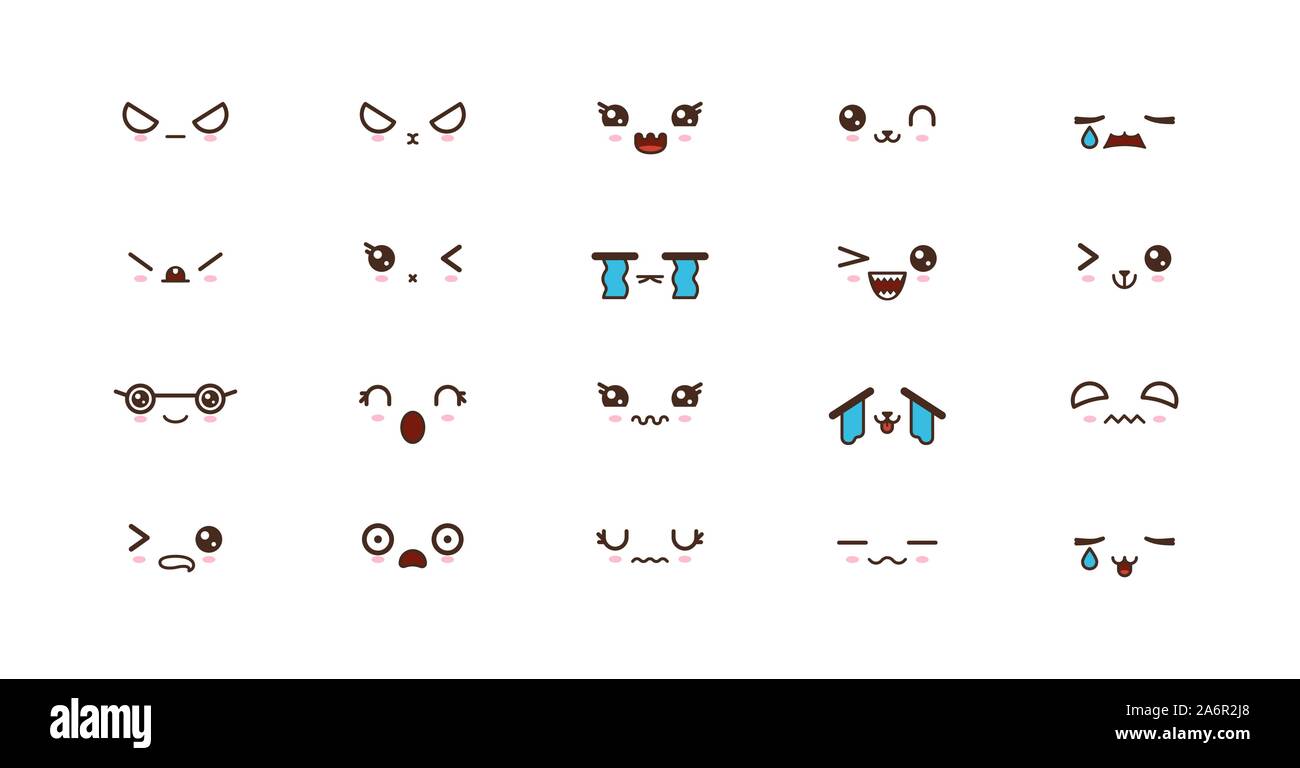 Kawaii icons faces expressions cute smile emoticons. Japanese emoji ...