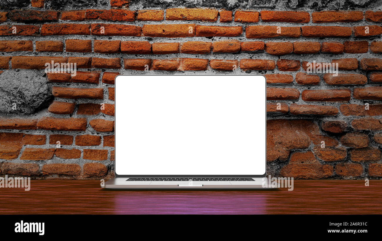 Laptop template isolated on brick background. Mockup, design Stock ...