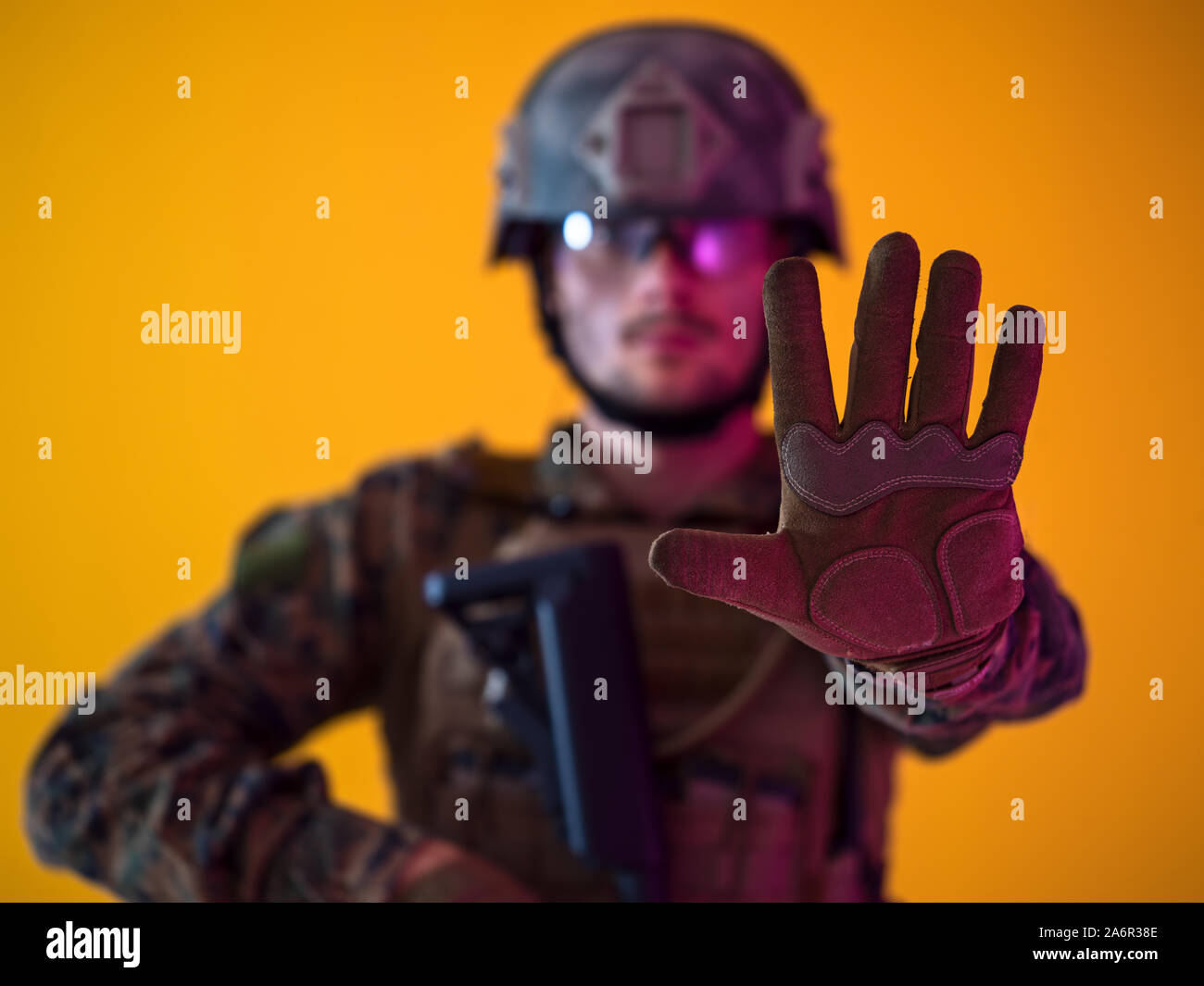 Modern warfare american marines soldier showing stop sign or no passing ...