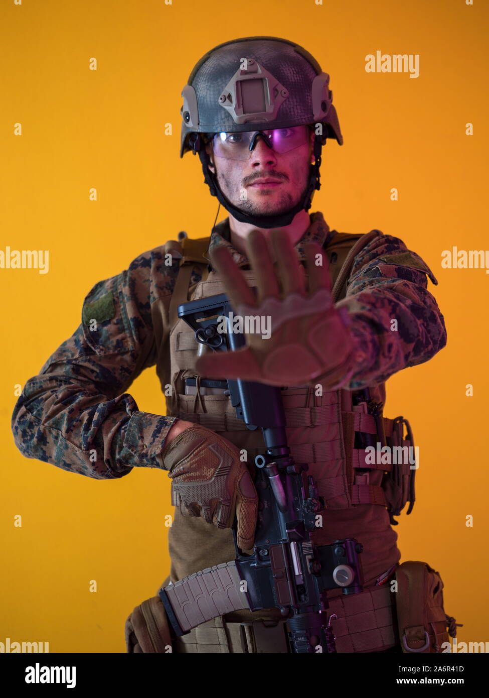 Modern warfare american marines soldier showing stop sign or no passing ...