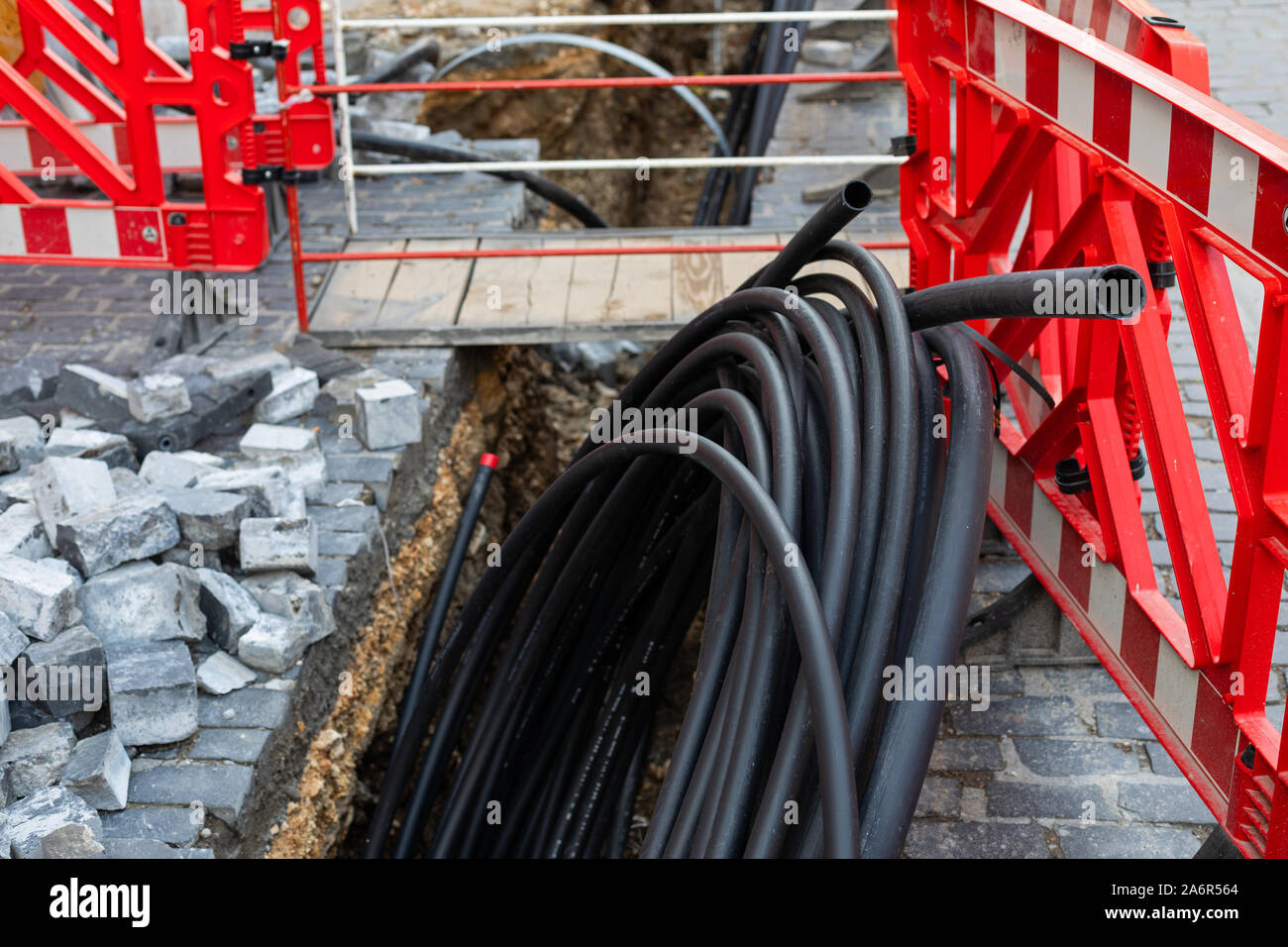 Electricity new power cables installation underground road side Stock ...