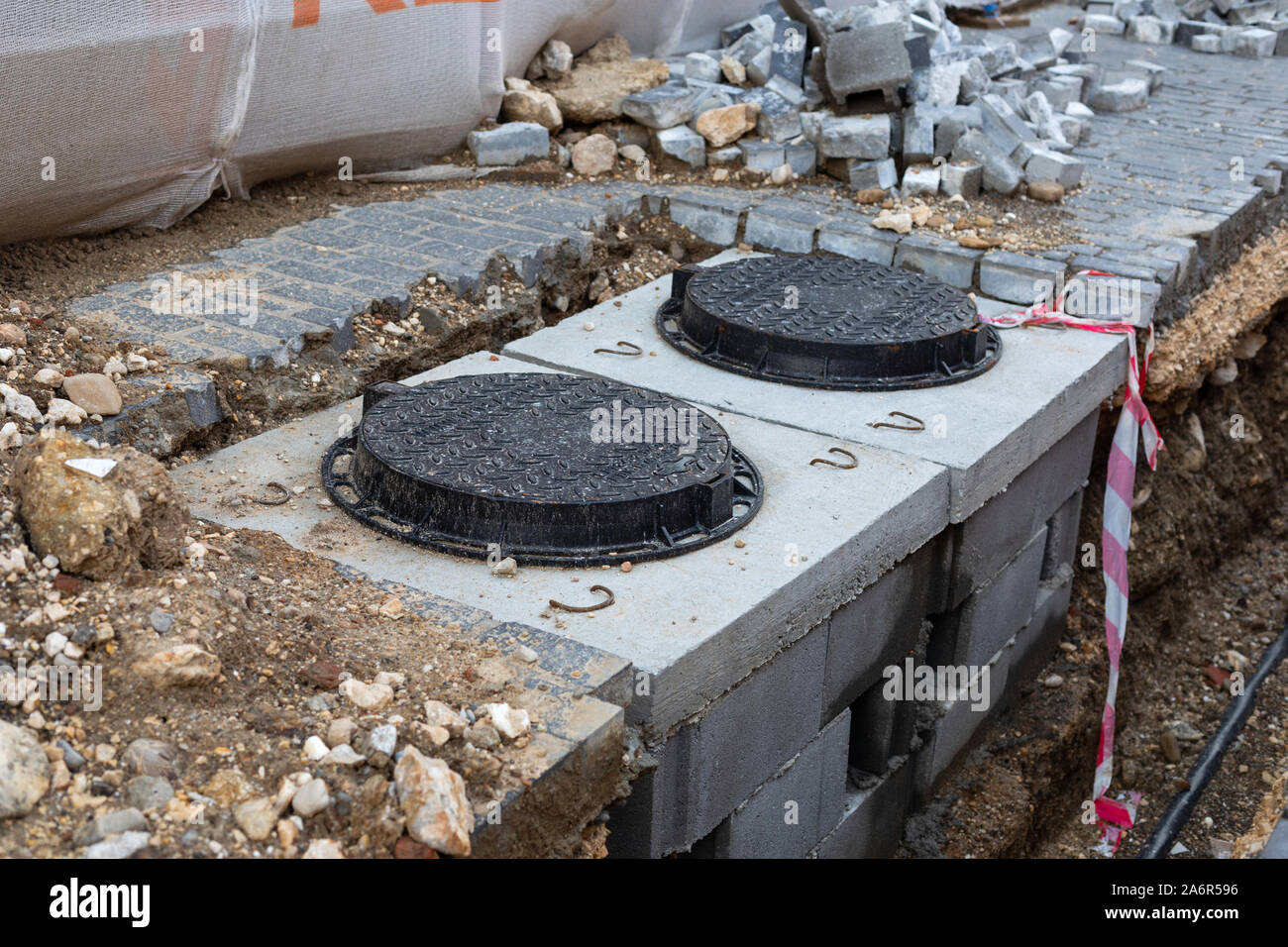 Electricity new power cables installation underground road side Stock ...