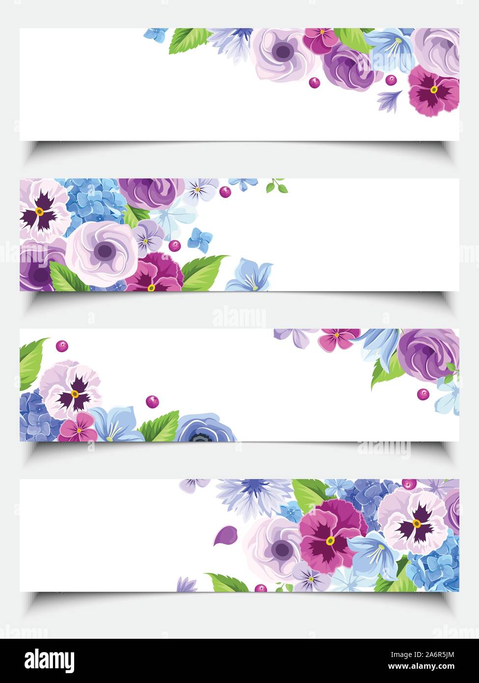 Vector set of four web banners with blue and purple pansies ...