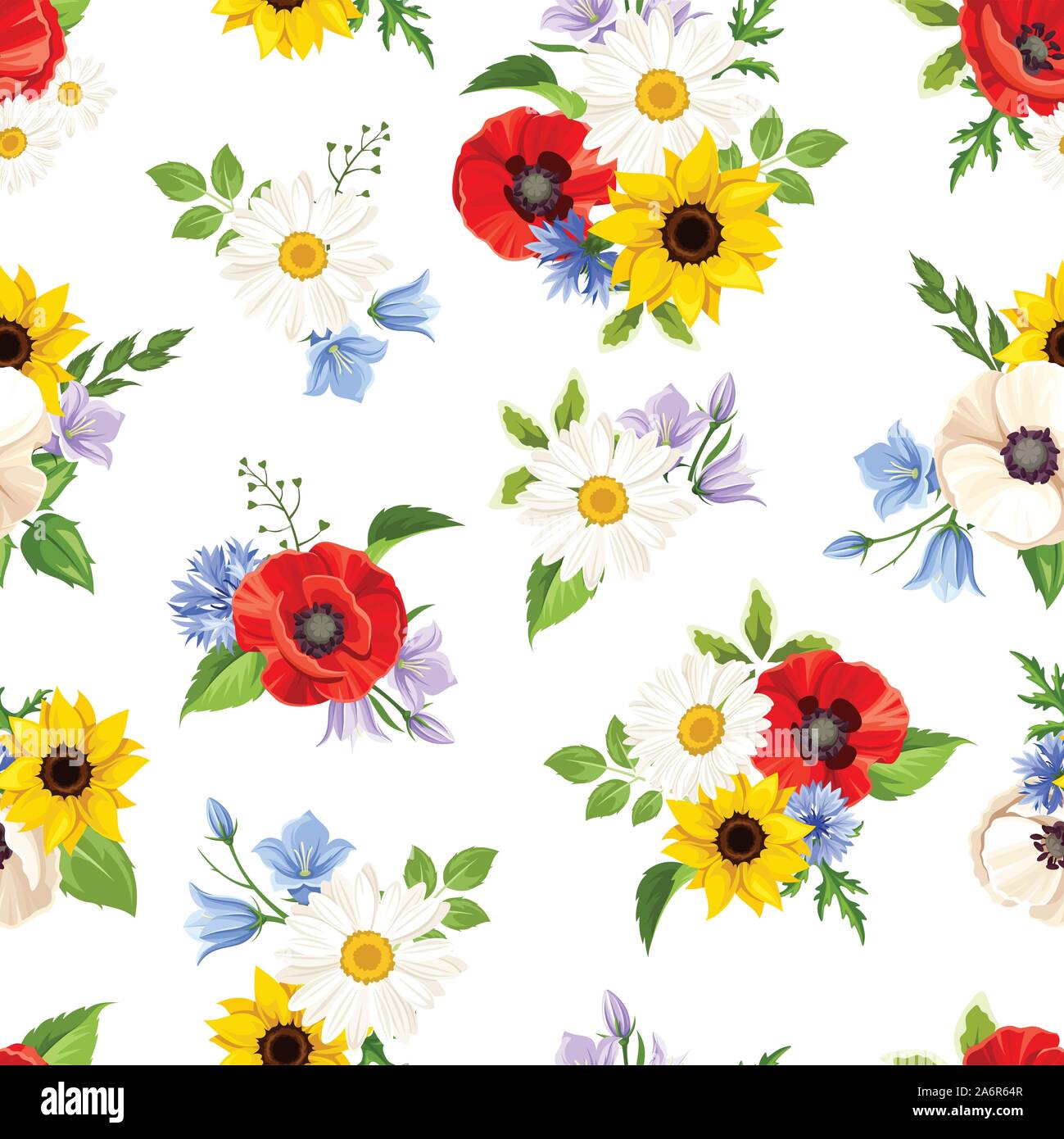 Vector seamless pattern with colorful wild flowers on a white ...