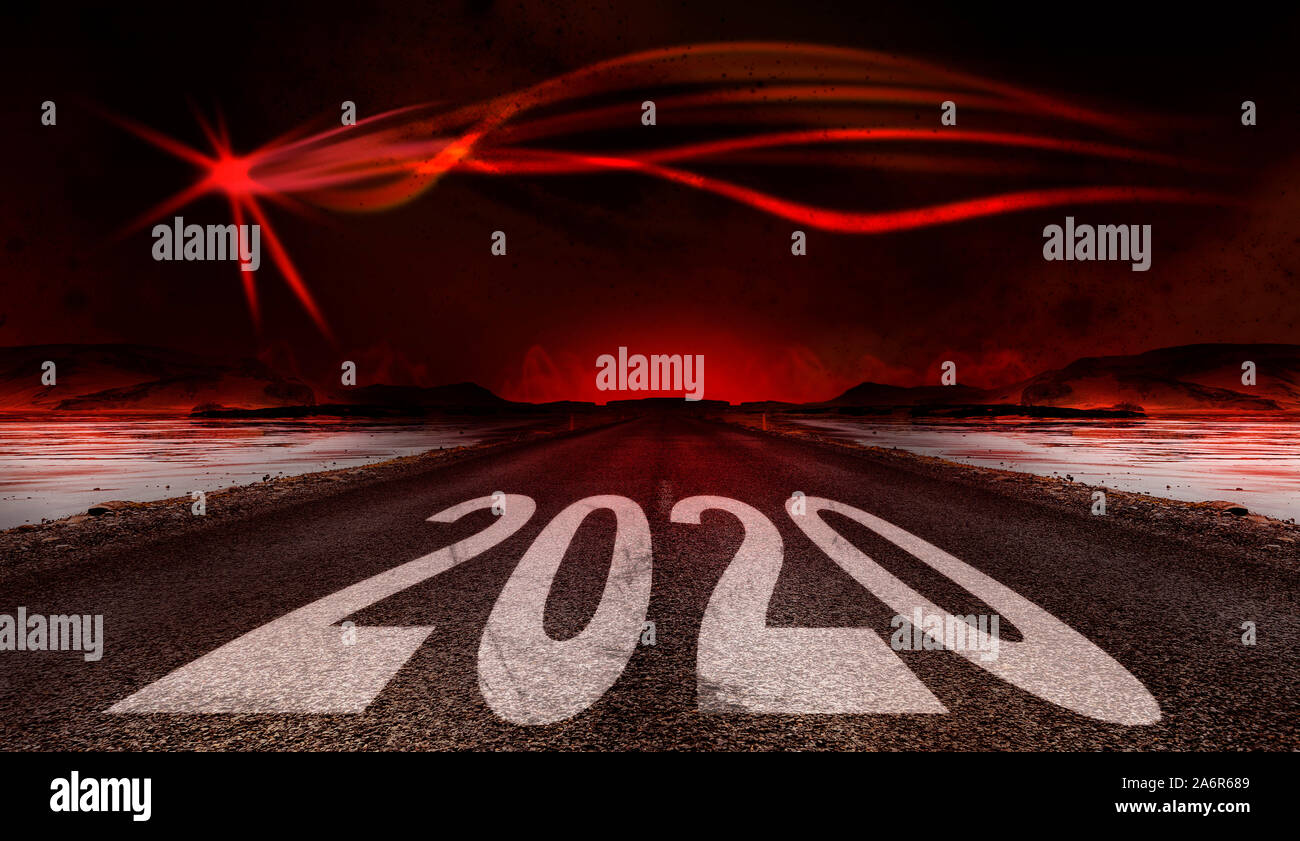 2020 New Year celebration on the asphalt road with a modern comet star ...
