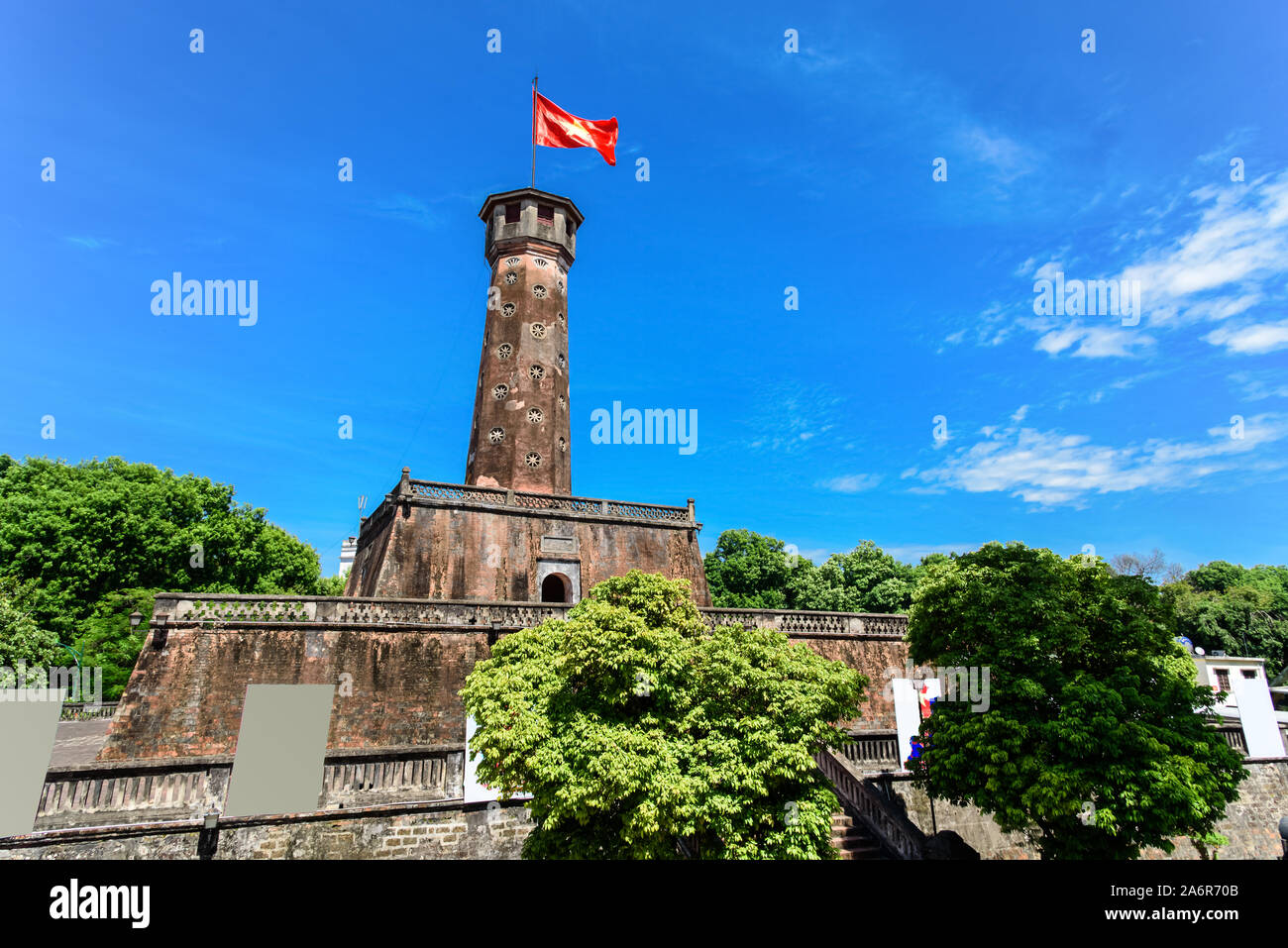Hanoi flag tower with flying Vietnamese flag and empty standing ...