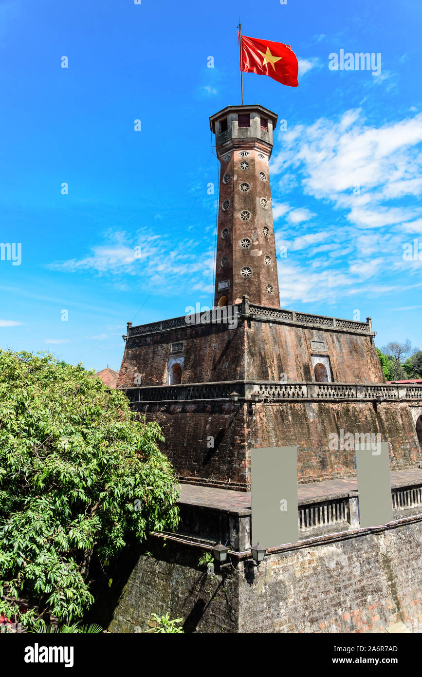 Hanoi flag tower with flying Vietnamese flag and empty standing ...