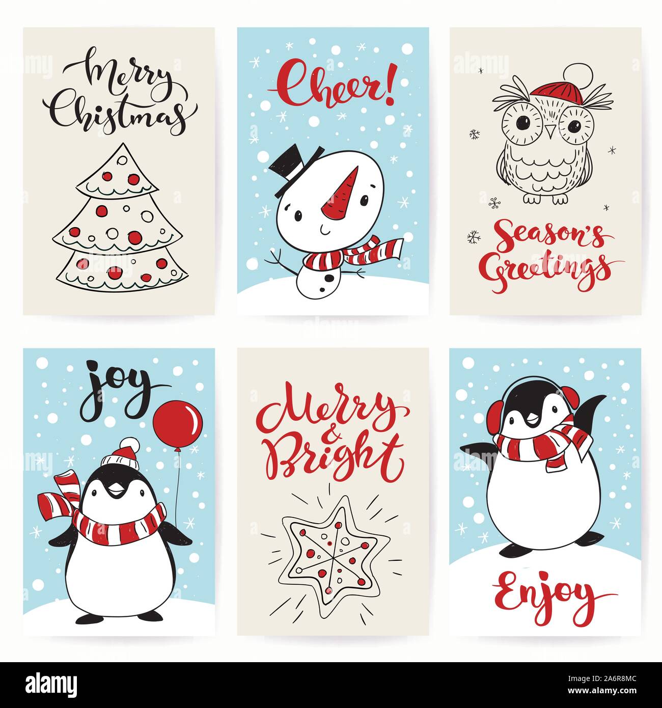 Christmas greeting cards with cute cartoon characters Stock Vector ...