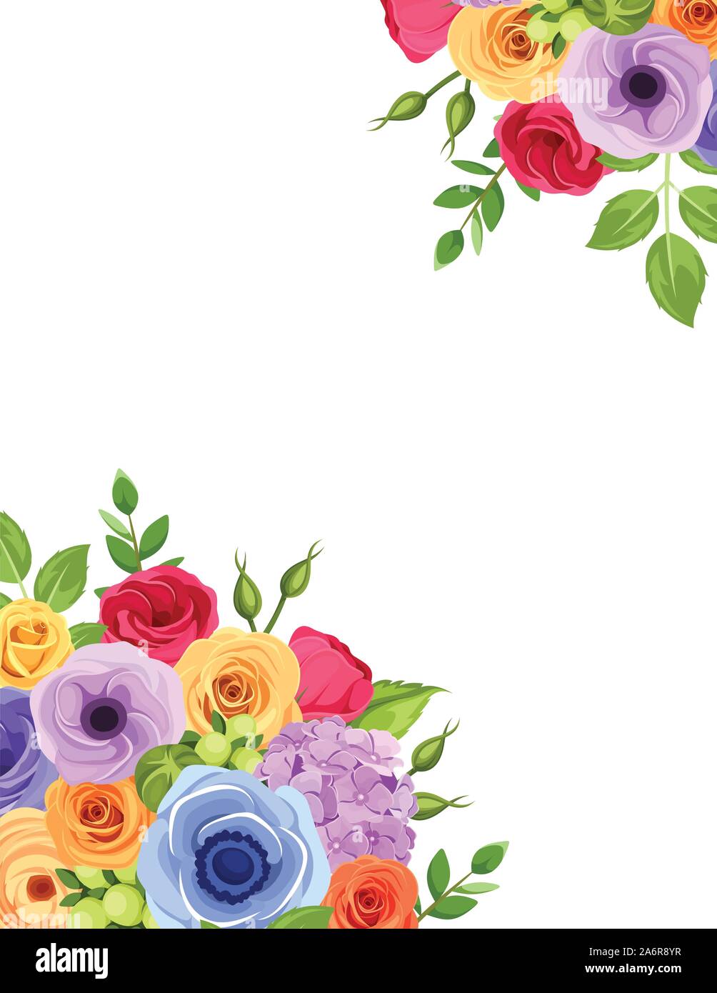 Vector flyer background with red, orange, yellow, blue and purple roses ...