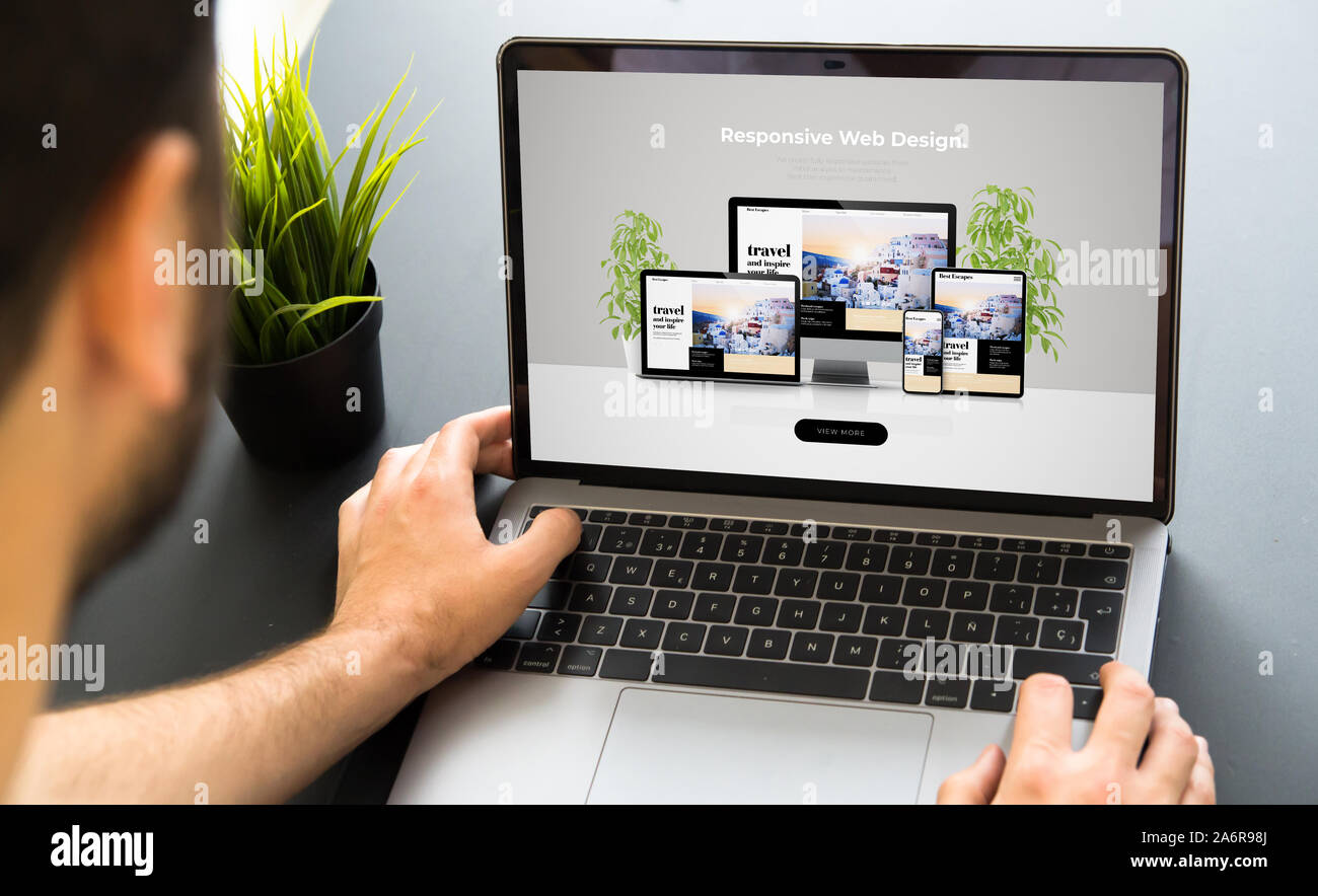 man working with responsive website design screen laptop mock-up Stock ...