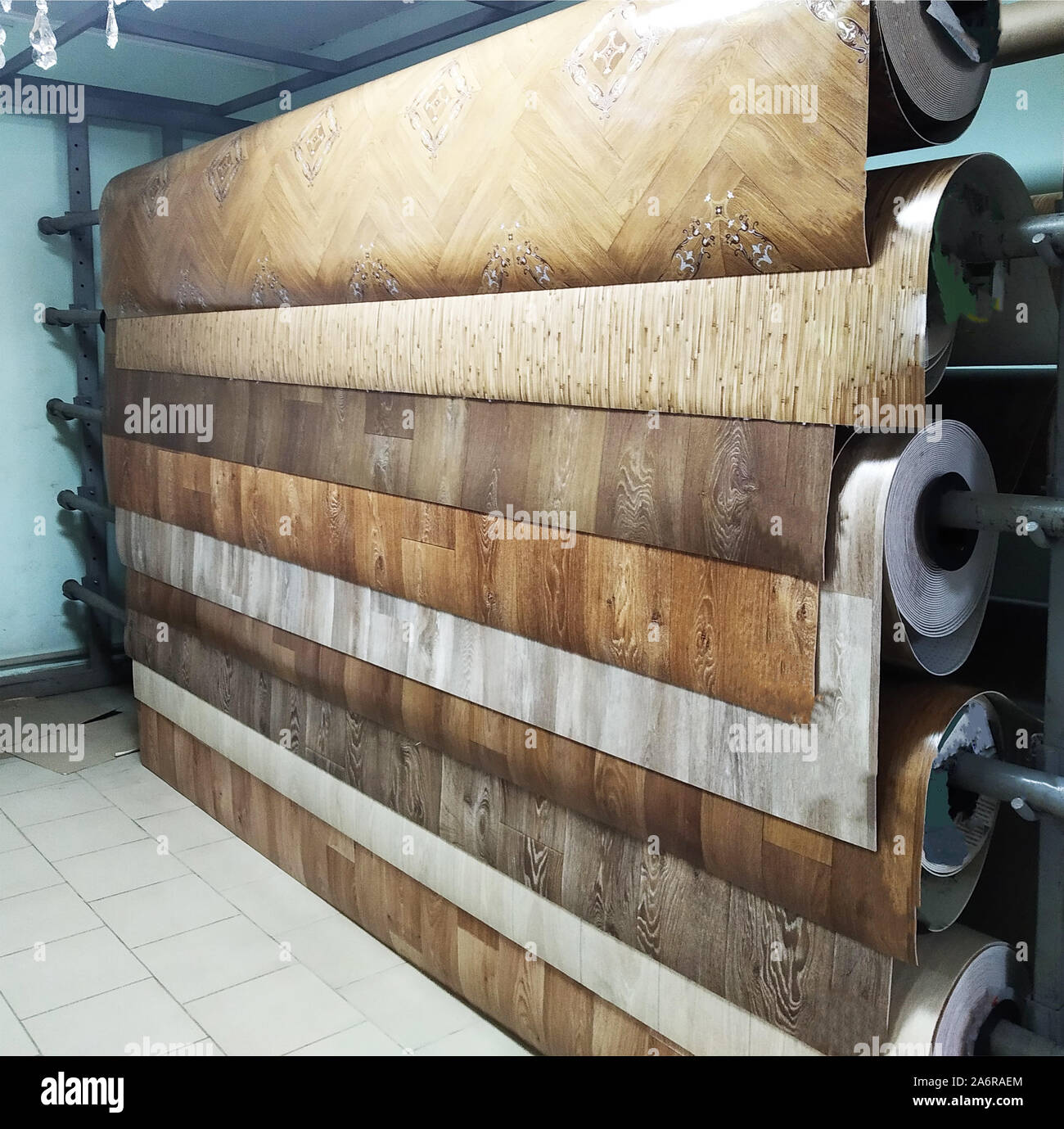 Sale of linoleum on the floor in a hardware store, a large selection ...