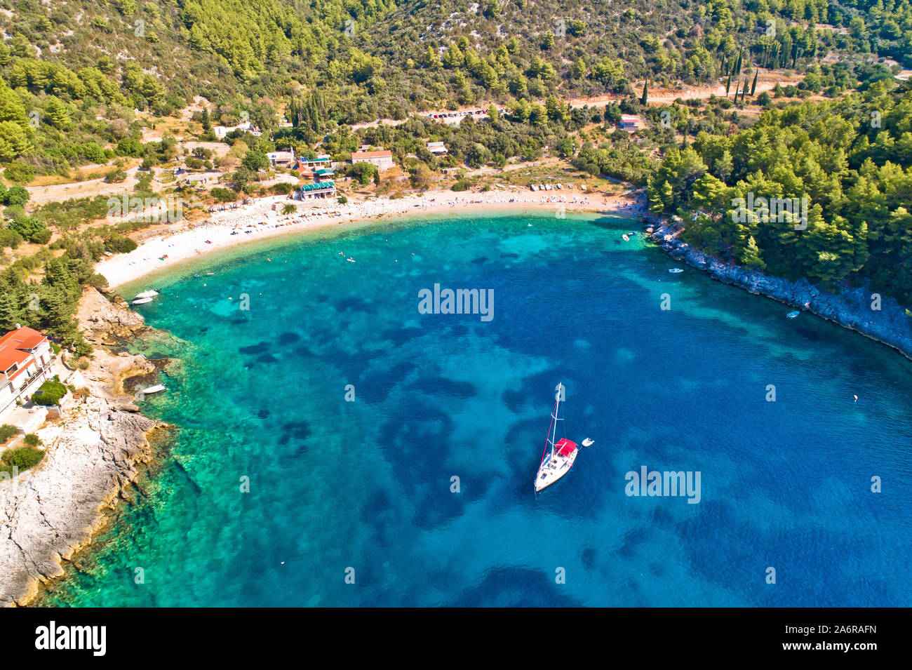 Korcula. Aerial view of Korcula island beach in Pupnatska Luka cove ...