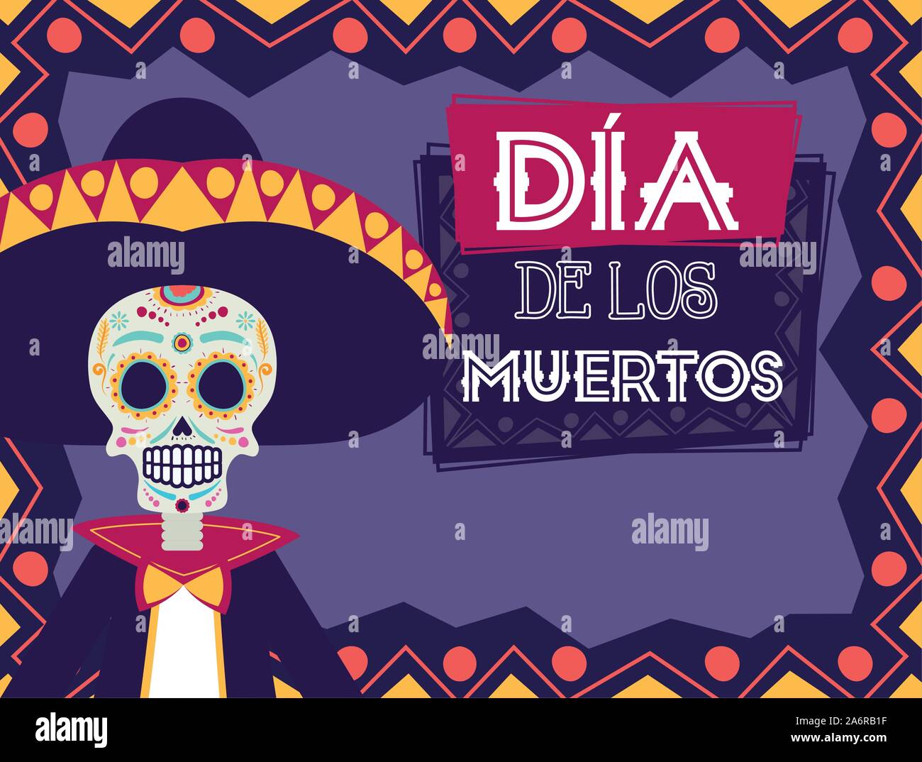 dia de los muertos card with mariachi skull and flowers Stock Vector ...