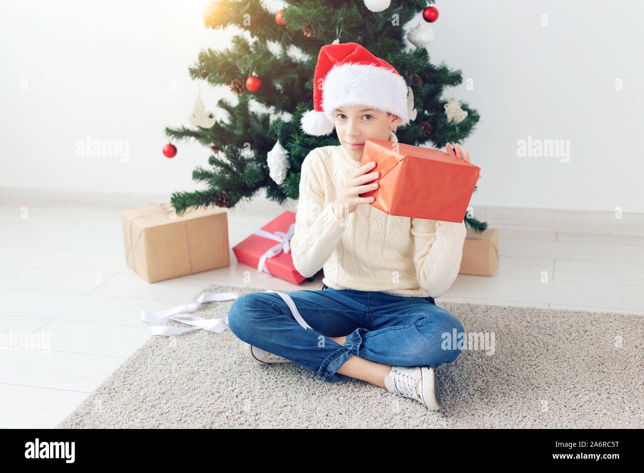 Holidays, christmas, childhood and people concept - smiling happy teen ...