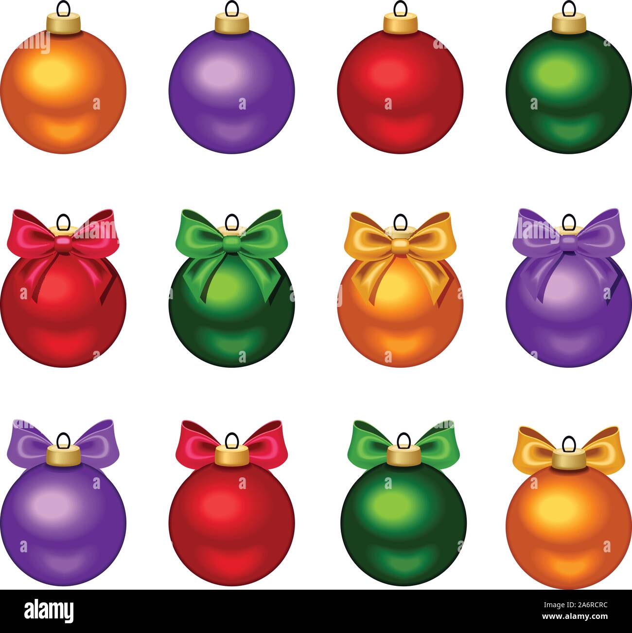 Vector set of twelve colorful Christmas balls with bows isolated on a ...