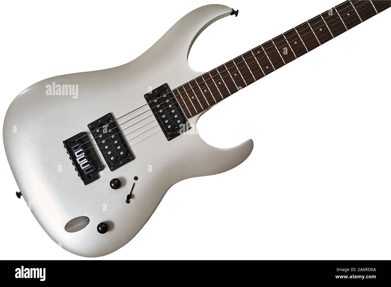 Electric musical instrument. Closeup of white electric six string ...