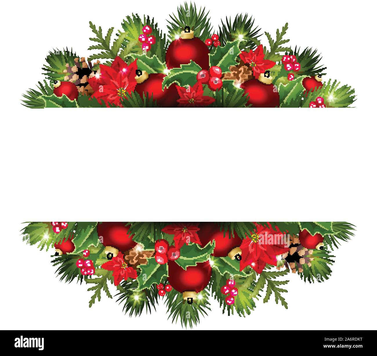 Vector Christmas banner with green fir-tree branches, holly, red balls ...