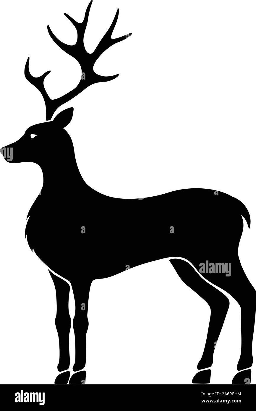 Vector black silhouette of a standing reindeer isolated on a white ...