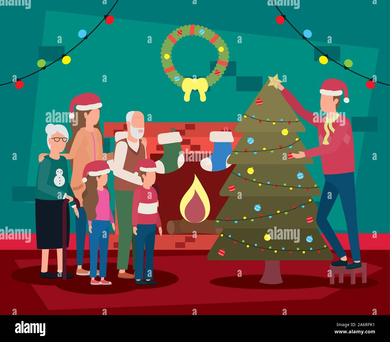 family members celebrating christmas with pine tree Stock Vector Image ...