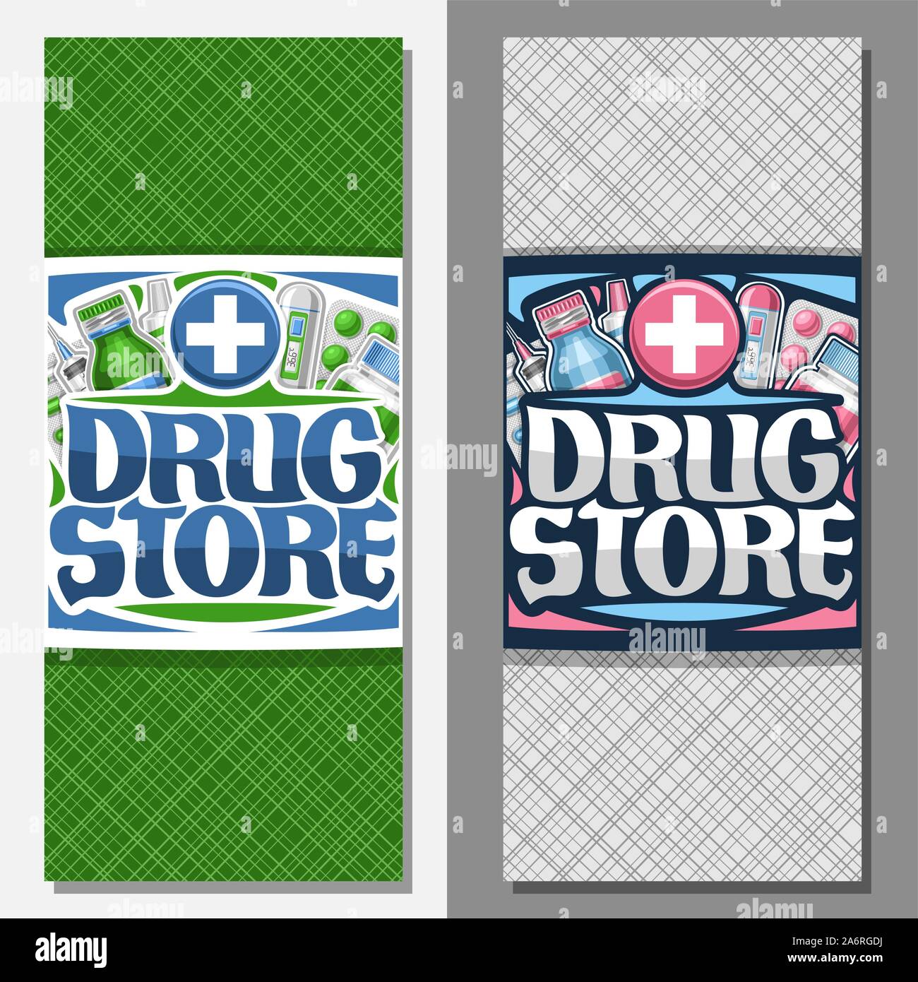 Vector vertical banners for Drug Store, green and blue vials, digital ...