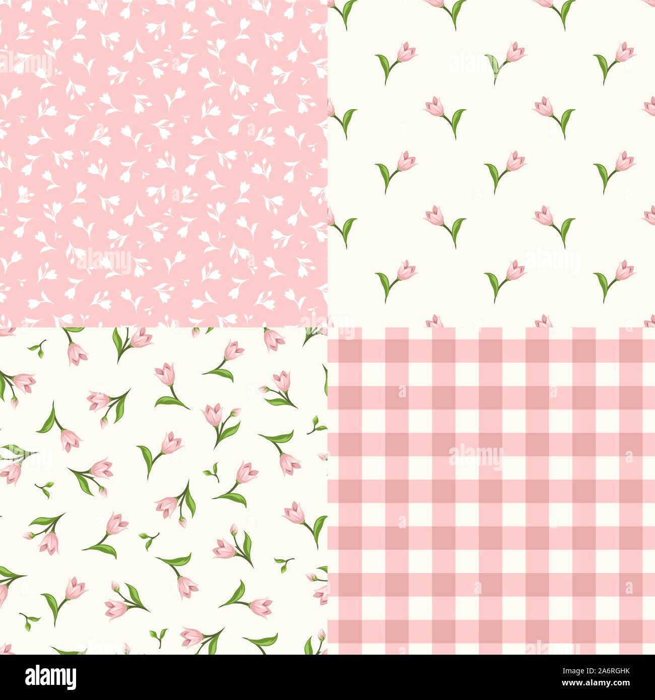 Vector set of seamless floral patterns in pink and white colors Stock ...