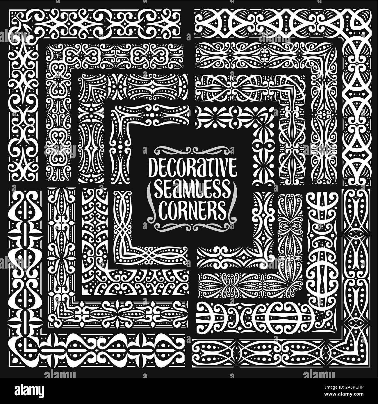 Vector set of white Seamless Corners on black background, ornate ...