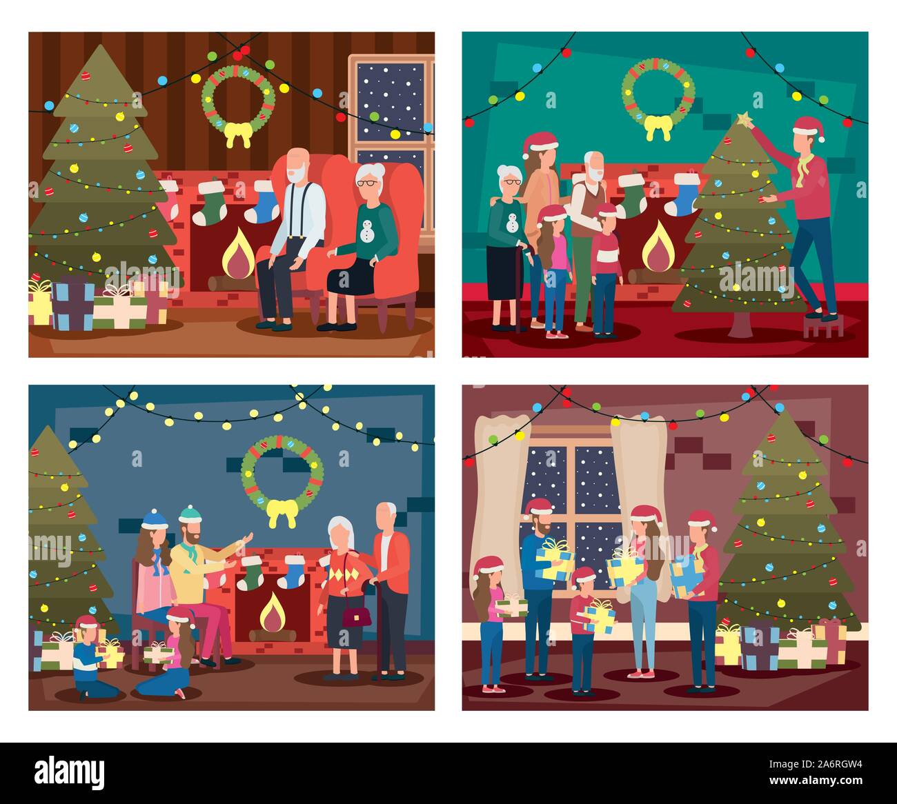 set of scenes family members celebrating christmas Stock Vector Image ...