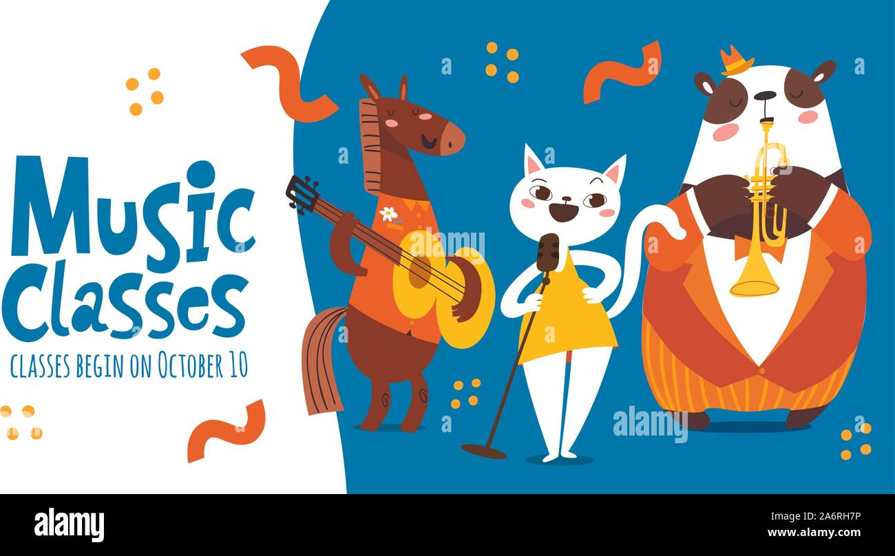 Cute vector music classes flyer or poster design with cute animals ...
