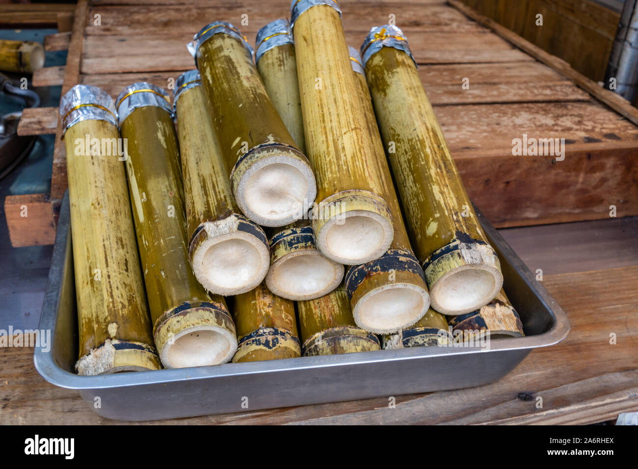Asian Glutinous rice roasted in bamboo joints, Taiwanese style Stock ...