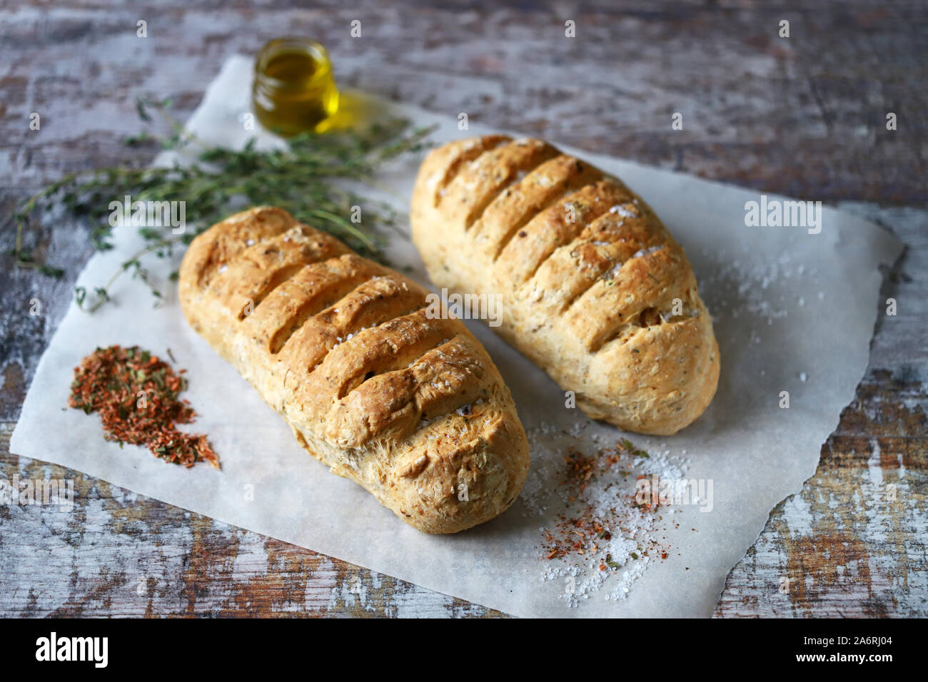 Delicious fresh homemade bread. Italian bread with herbs. Selective ...