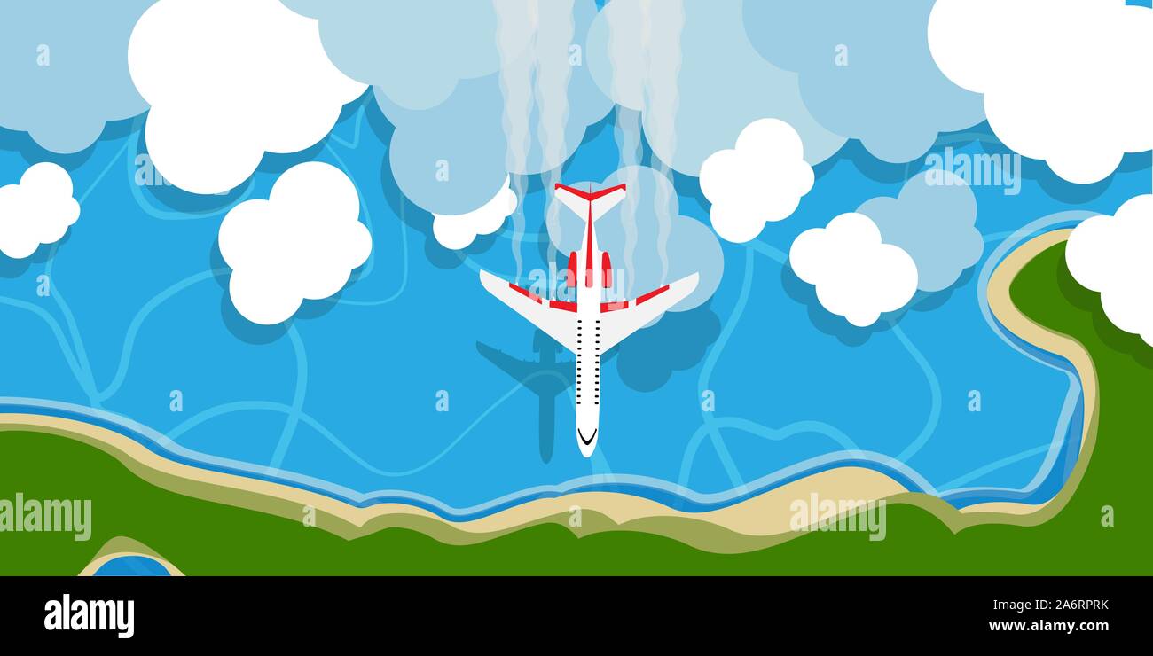 Plane above sky cloud vector illustration background concept. Travel ...