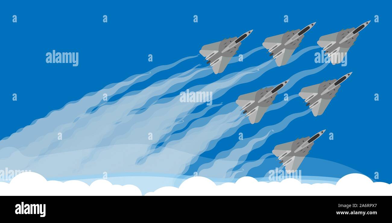 Military fighter jet with sky smoke trail background illustration ...