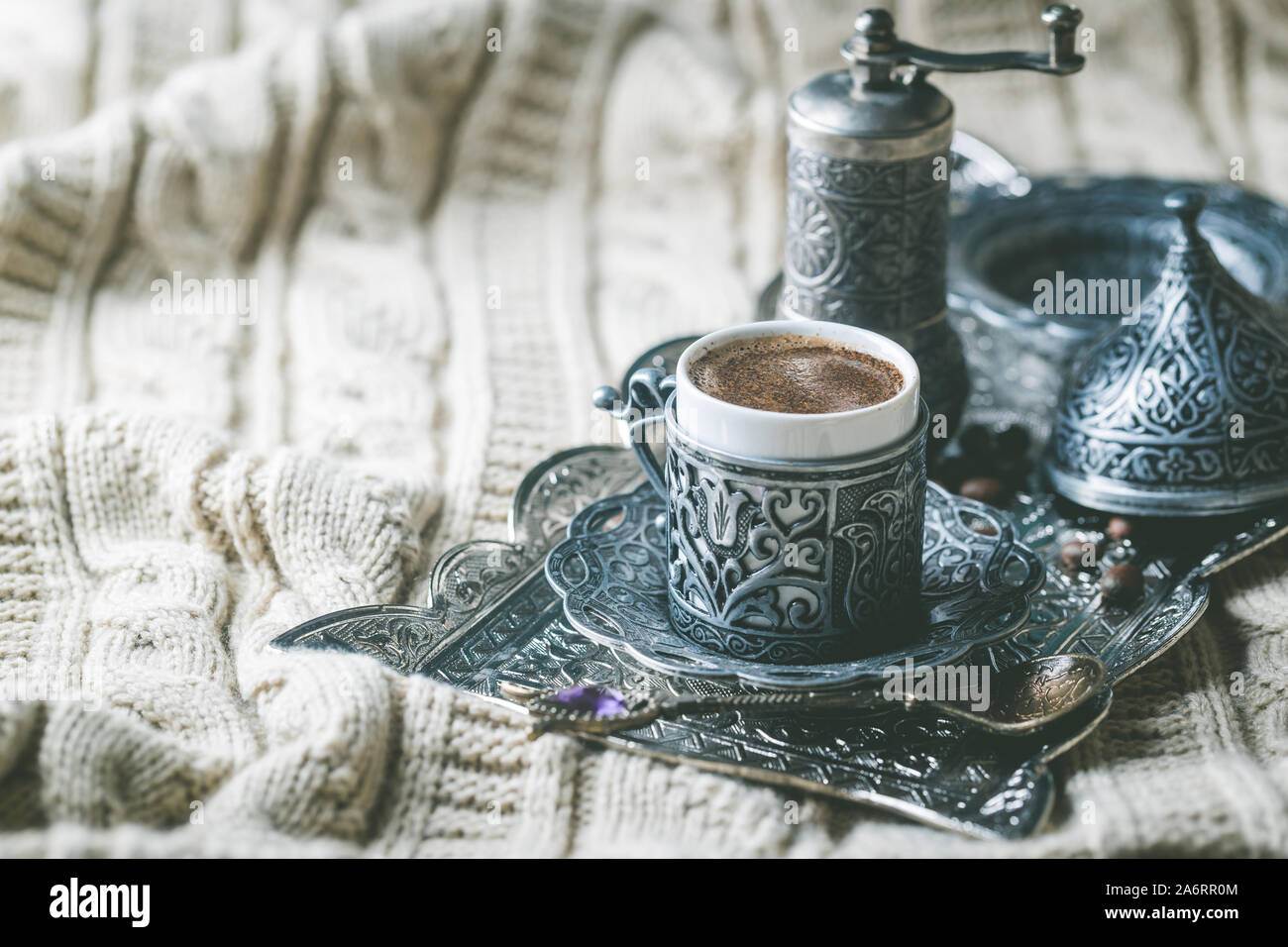 Traditional turkish coffee and turkish delight on textile background ...