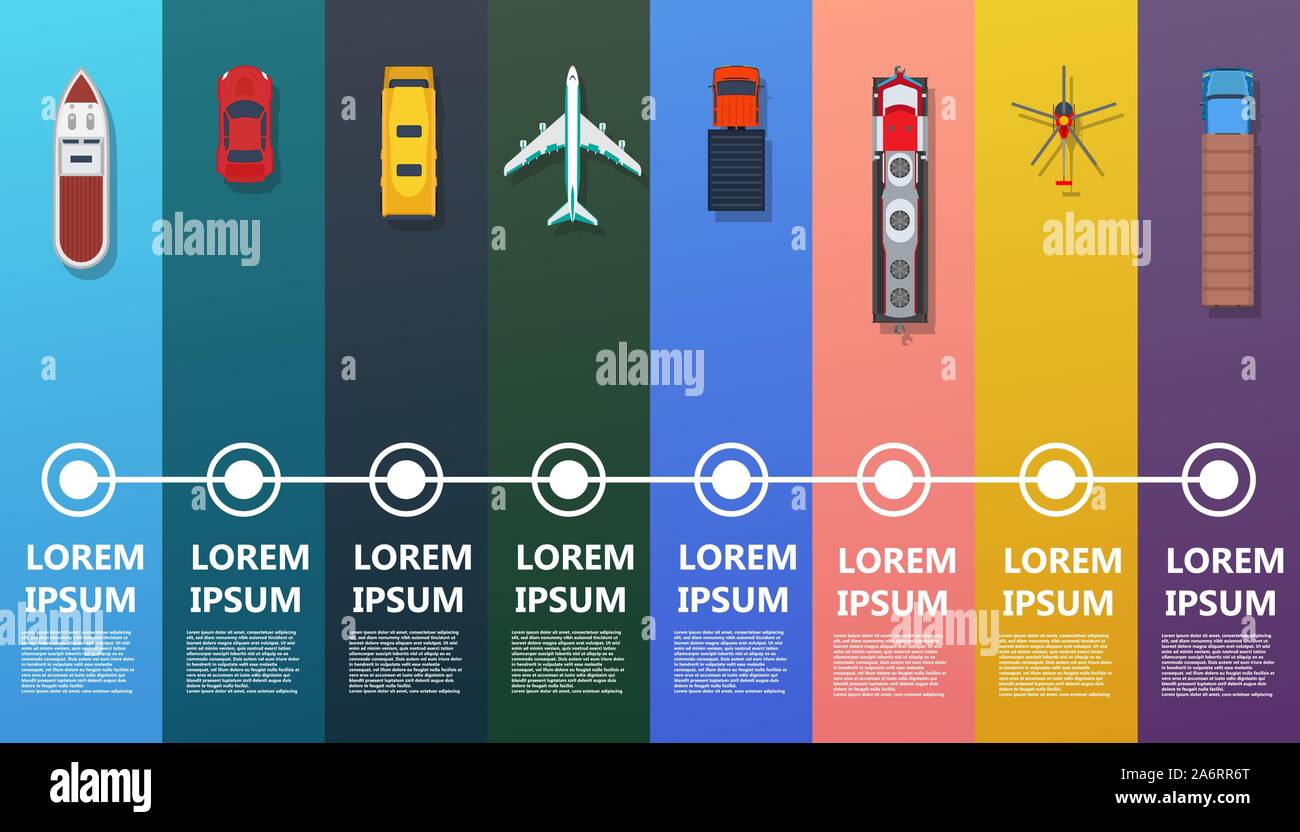 Transport infographic top view vector. Flat bus, ship, truck, train ...