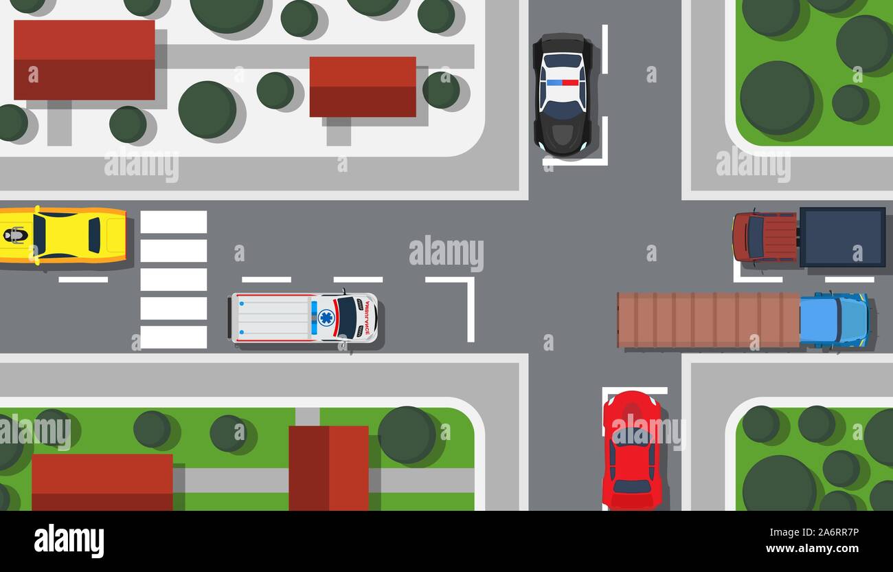 Crossroad top view vector illustration building map. City car game landscape traffic urban ...